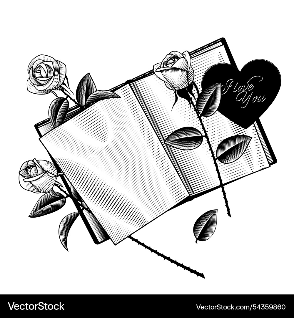 Open book with white roses and heart Royalty Free Vector