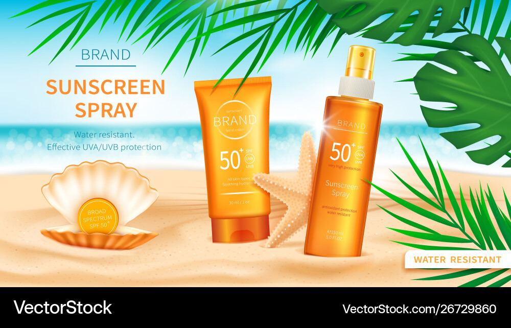 Sunscreen cosmetics on sea or ocean background Vector Image