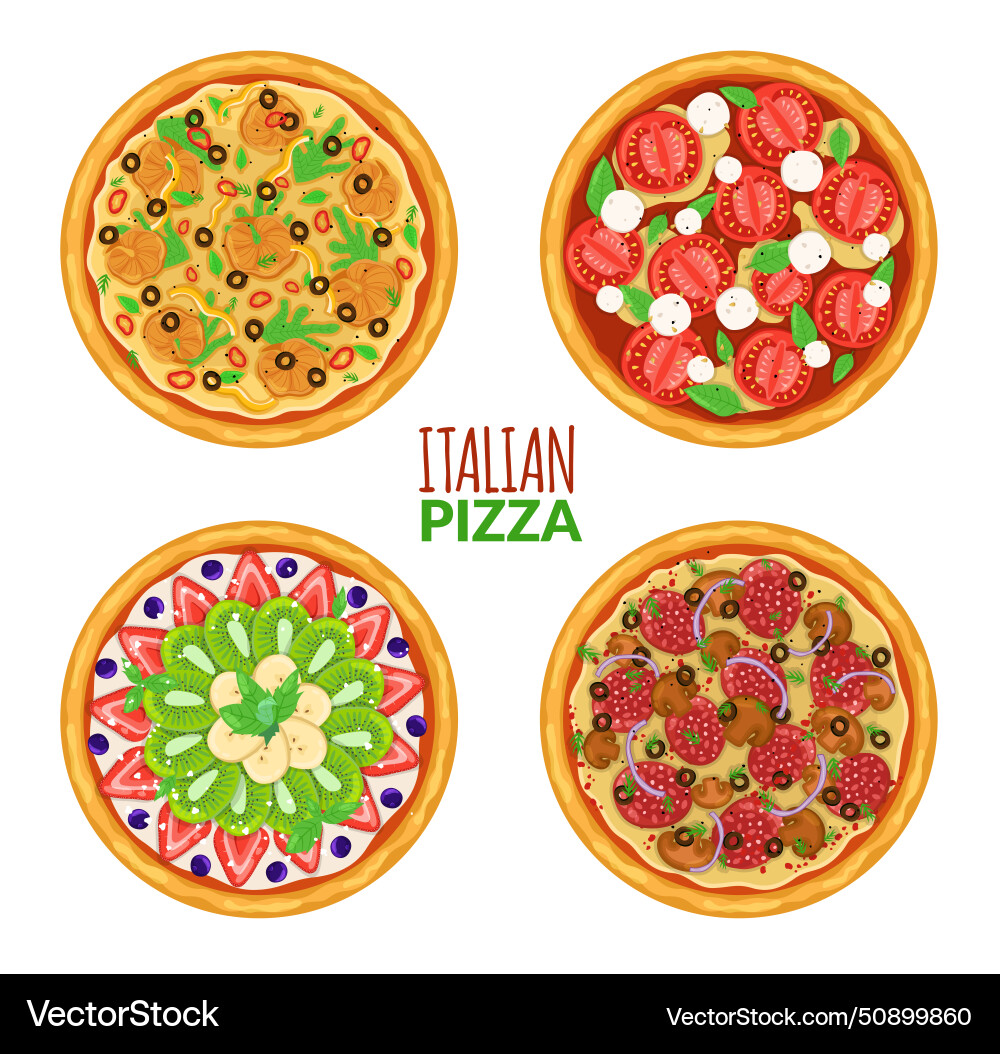 Top view pizza different toppings on round Vector Image