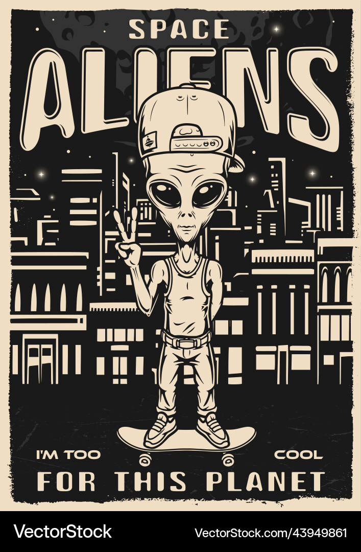 Space aliens vintage flyer monochrome Royalty Free Vector