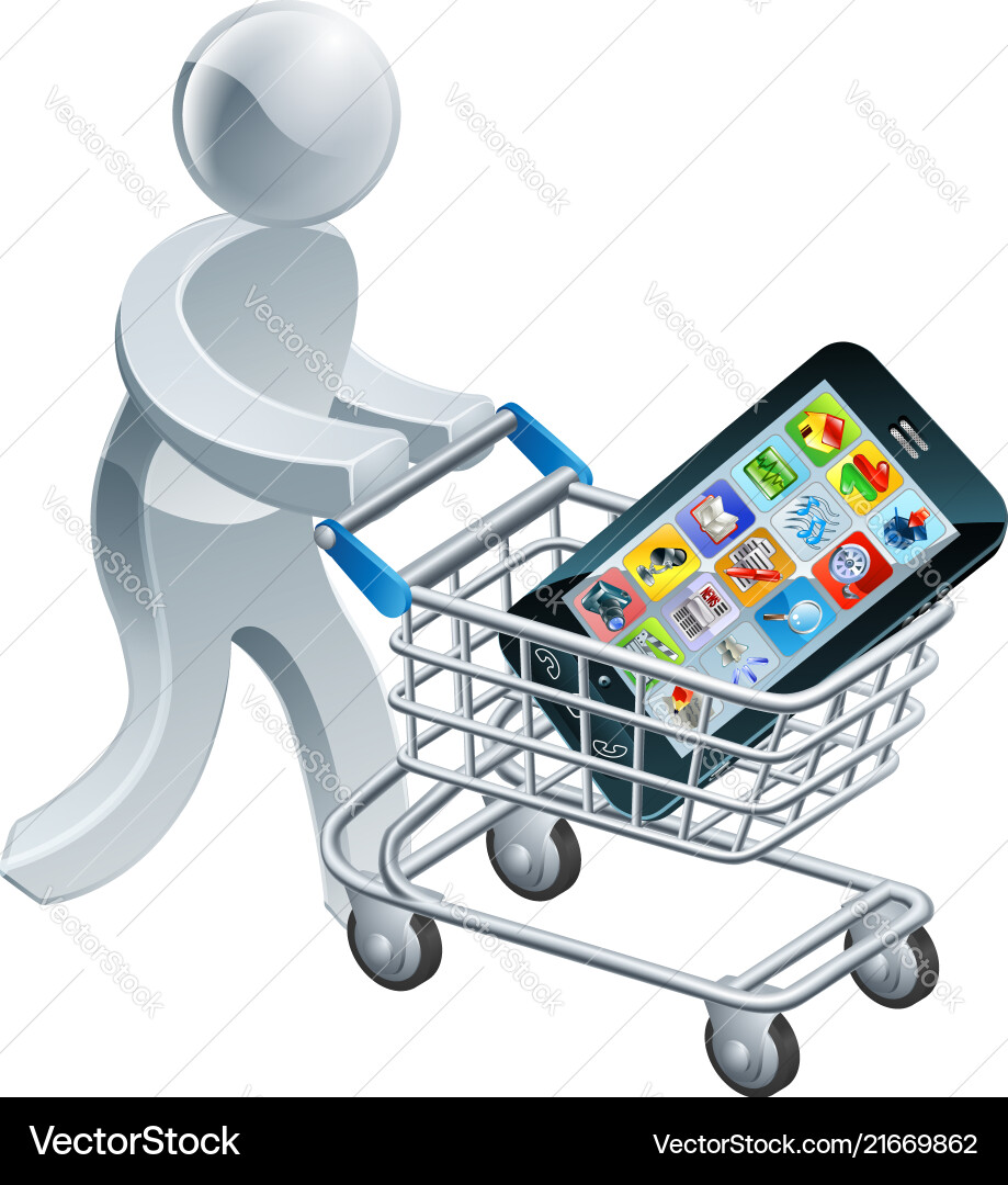 Person pushing trolley with mobile phone Vector Image