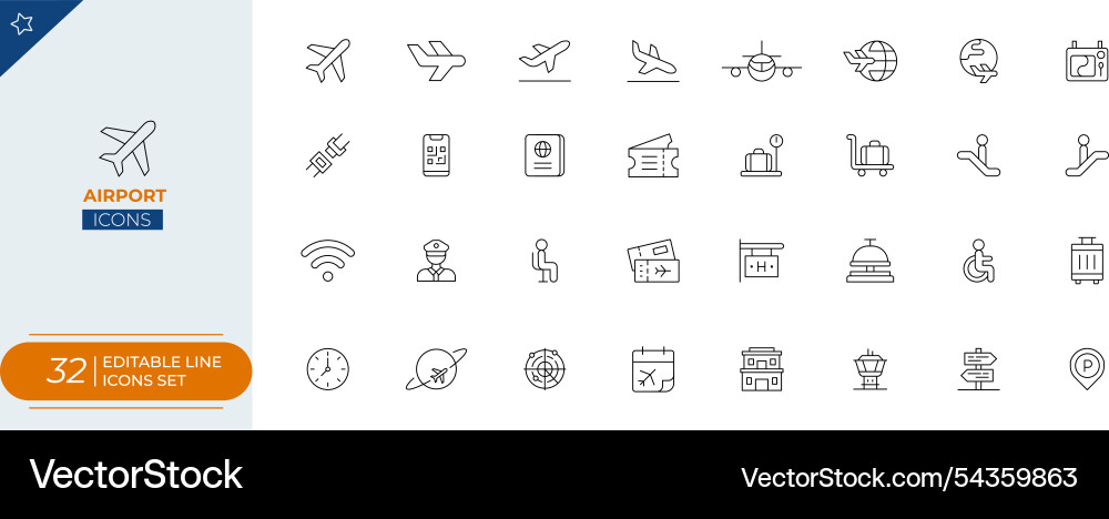 Airport editable stroke line icons Royalty Free Vector Image