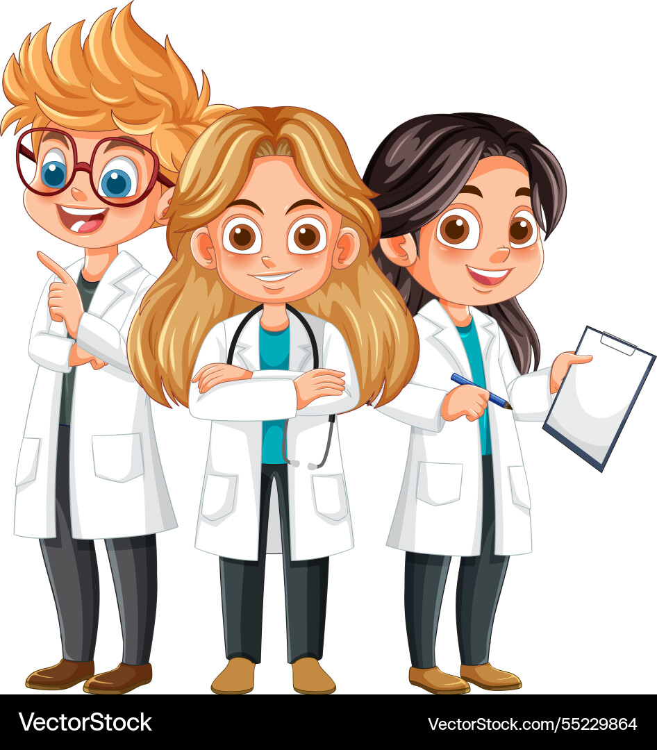 Three cartoon scientists collaborating Royalty Free Vector