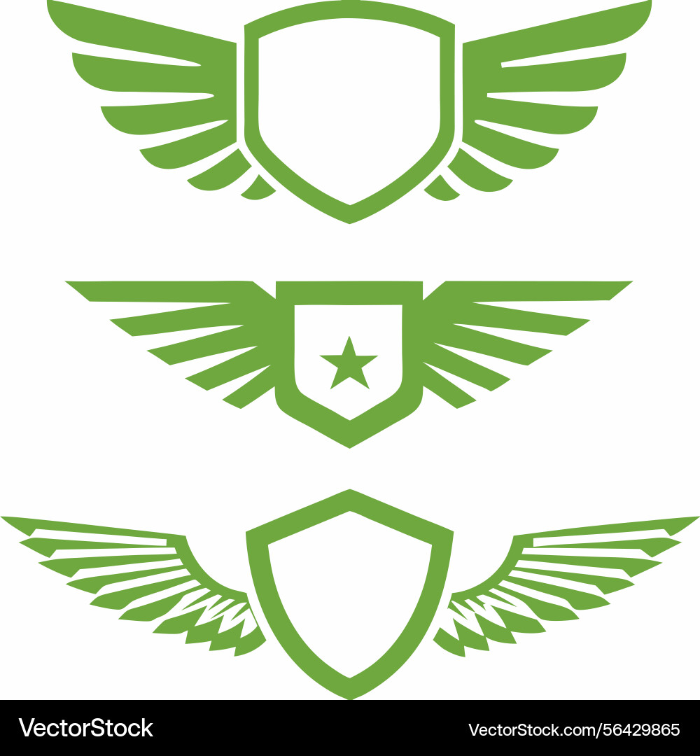 Three green shields with wings heraldic emblem set