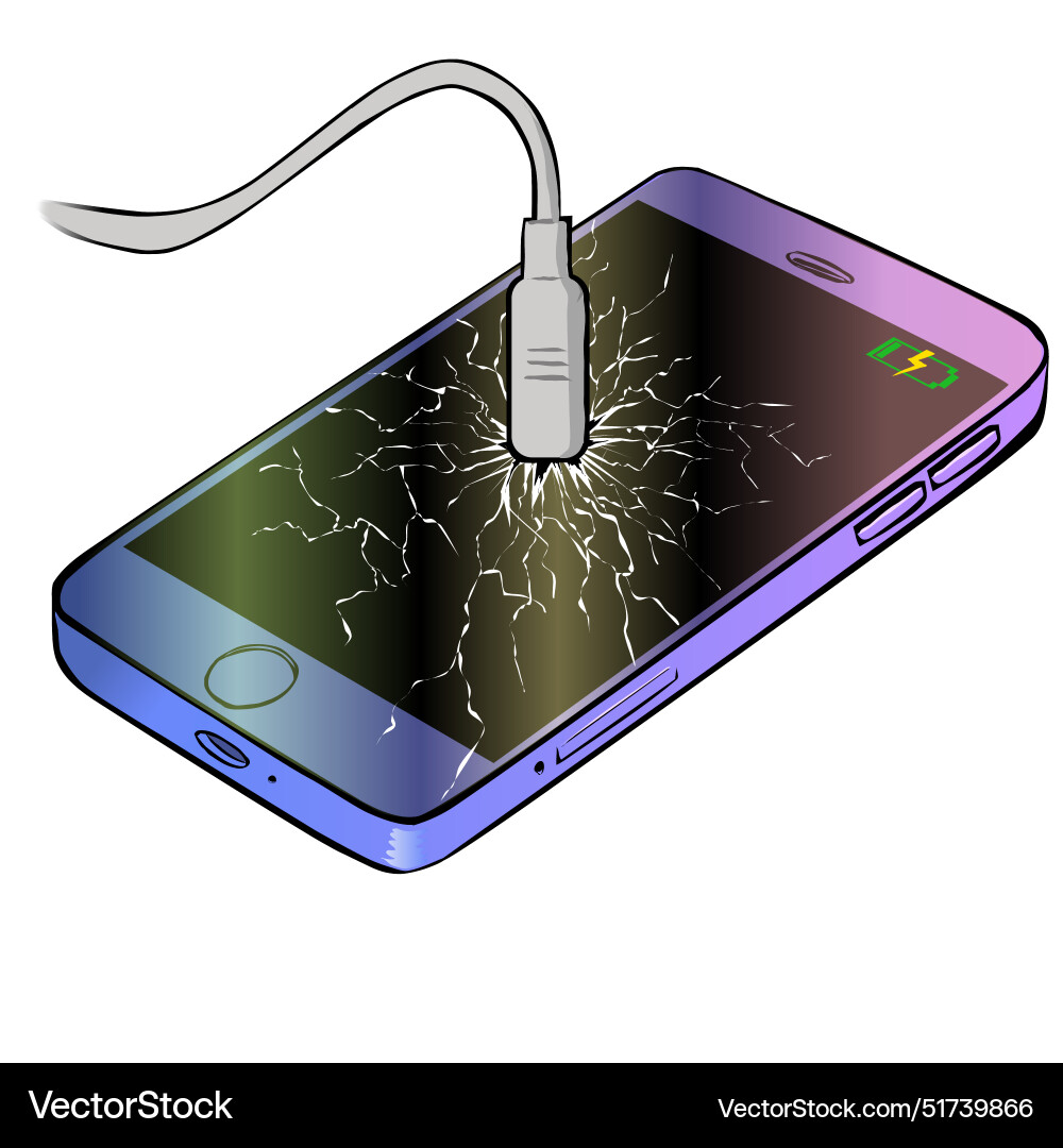 Broken smartphone display due to improper battery Vector Image
