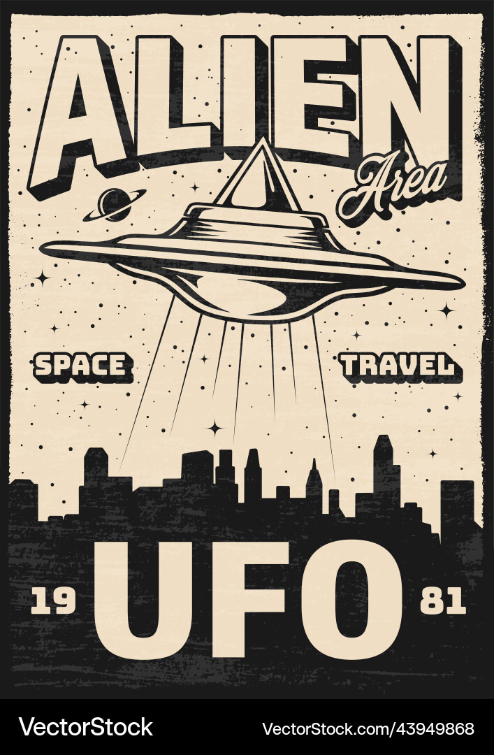 Alien ufo flyer monochrome vintage Royalty Free Vector Image