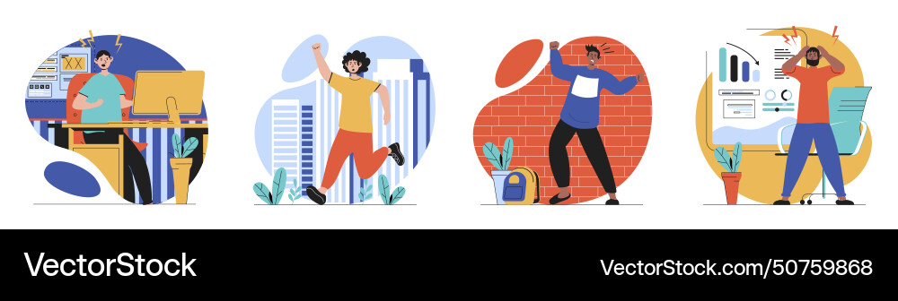 Anger emotion concept with people scenes set Vector Image