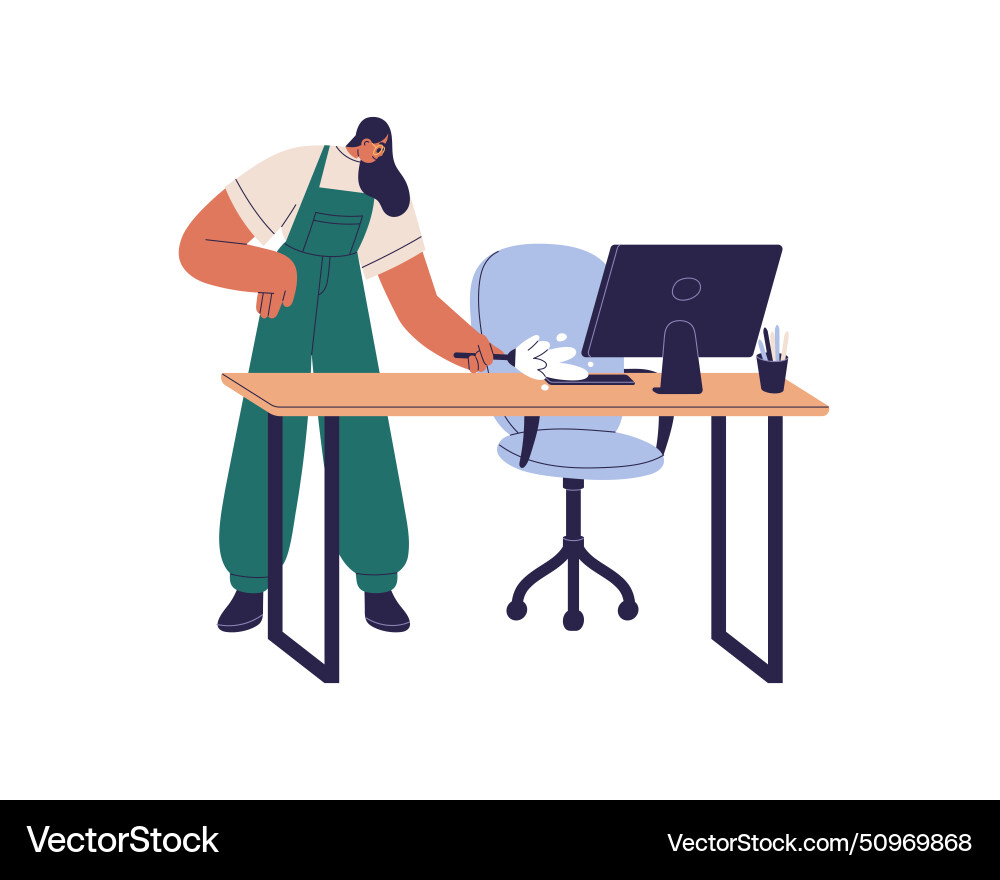 Cleaner from cleaning service cleans work table Vector Image