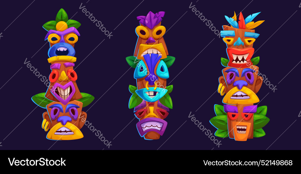 Exotic tiki masks set isolated on black Royalty Free Vector