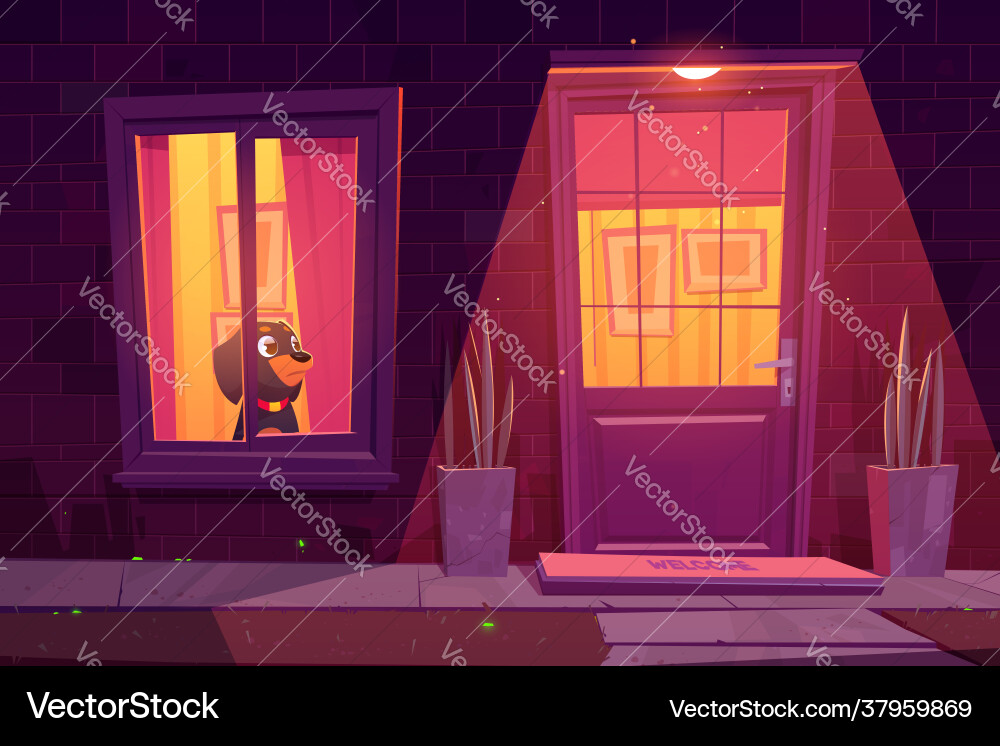 Dog waiting window in house at night Royalty Free Vector