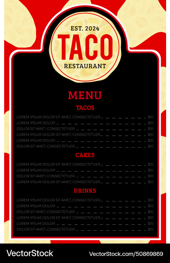 Taco restaurant menu template Royalty Free Vector Image