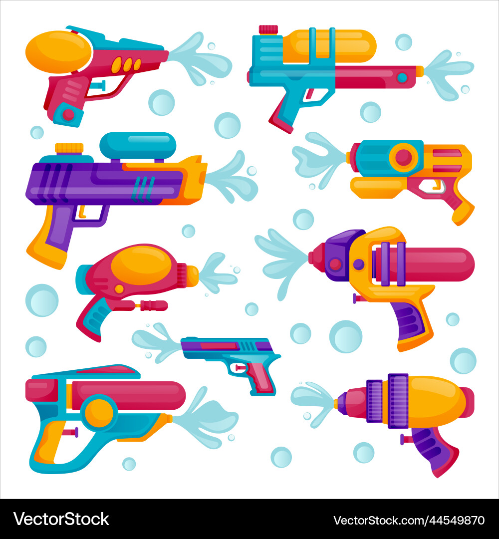 Water guns icons set flat cartoon Royalty Free Vector Image