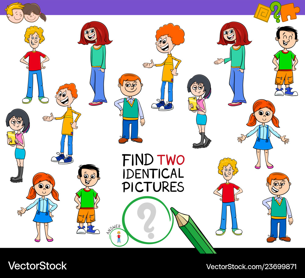 Find two identical pictures with kid characters Vector Image
