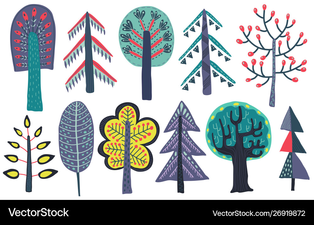Collection hand drawn wild forest trees Royalty Free Vector