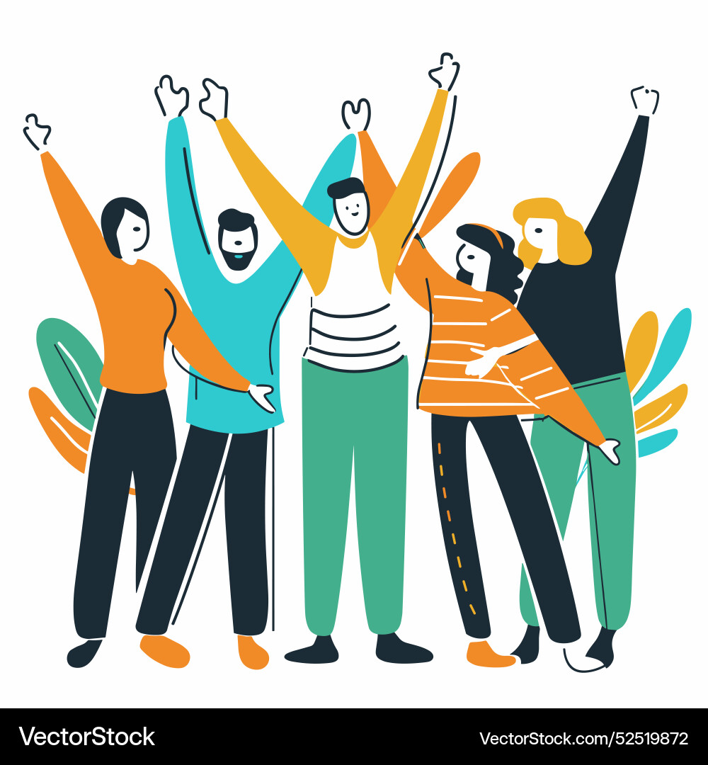 Five diverse figures celebrate unity raising arms Vector Image