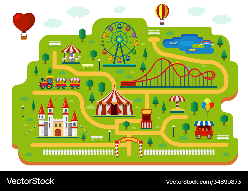 Amusement park map funfair carnival rides plan Vector Image