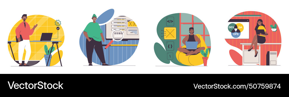 Devops concept with people scenes set in flat web Vector Image