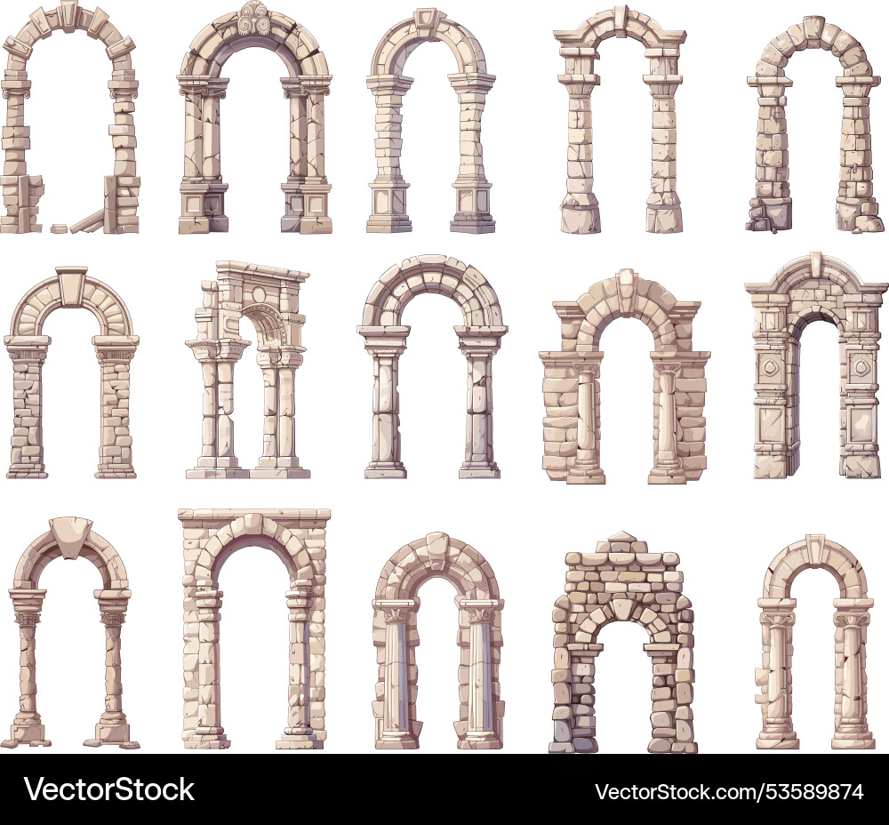 Granite columns old arches cartoon set Royalty Free Vector