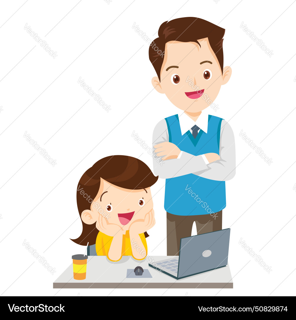 Happy teacher and student learning computer Vector Image