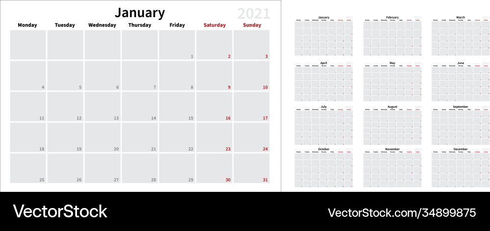 2021 Monthly Calendar Planner Royalty Free Vector Image