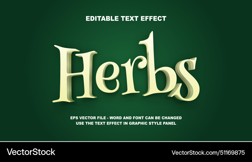 Editable text effect herbs 3d template Royalty Free Vector