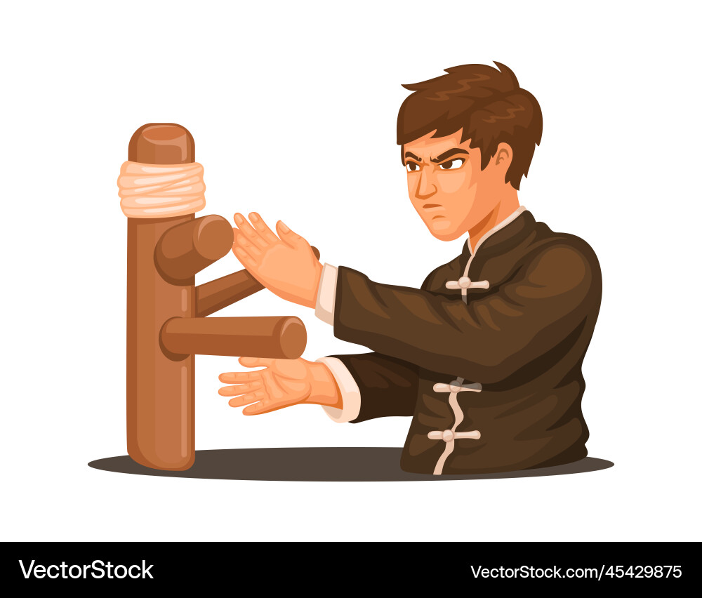 Kungfu master practicing with wooden dummy cartoon