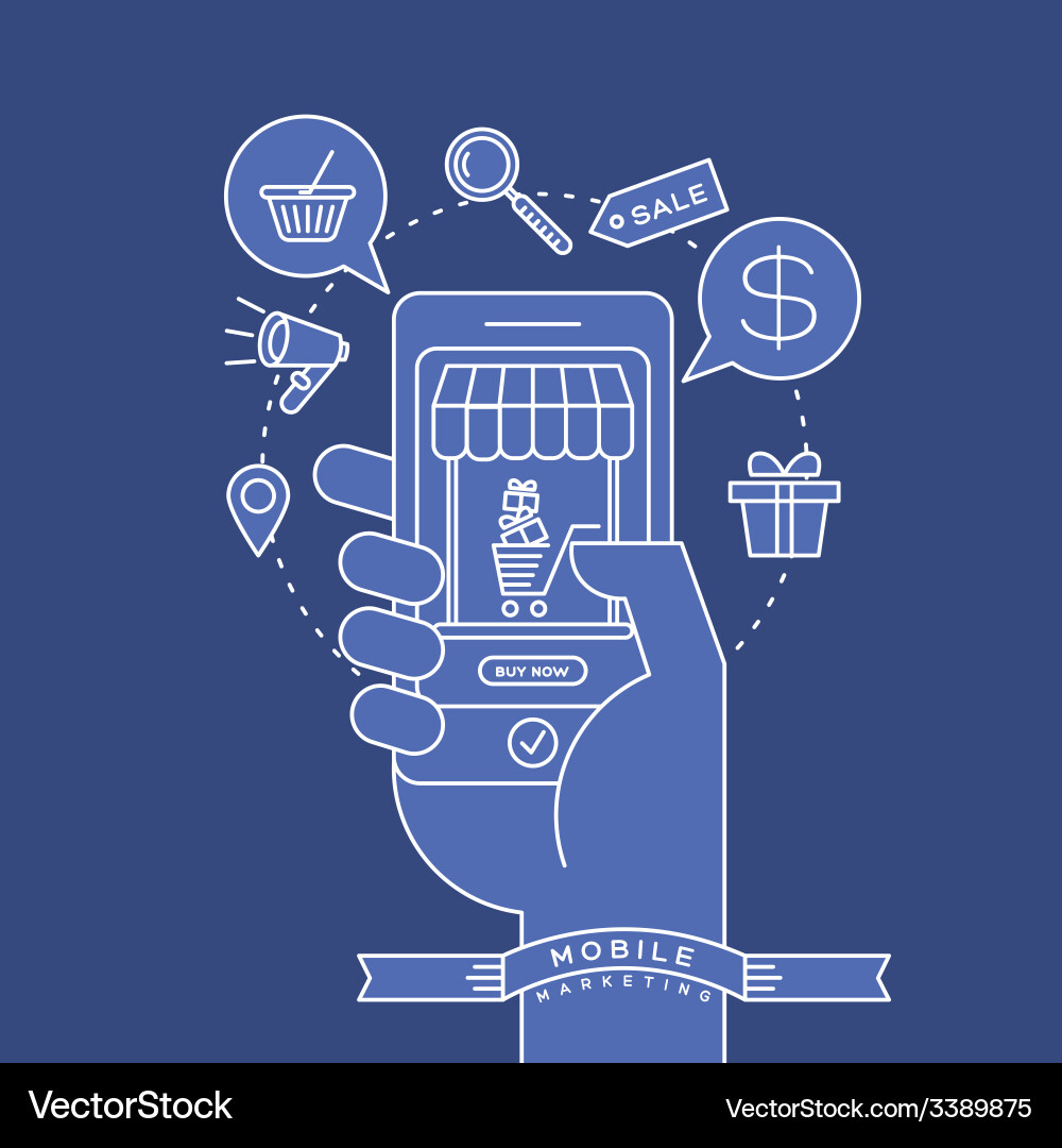 Outline e-commerce icons and smart phone in hand Vector Image