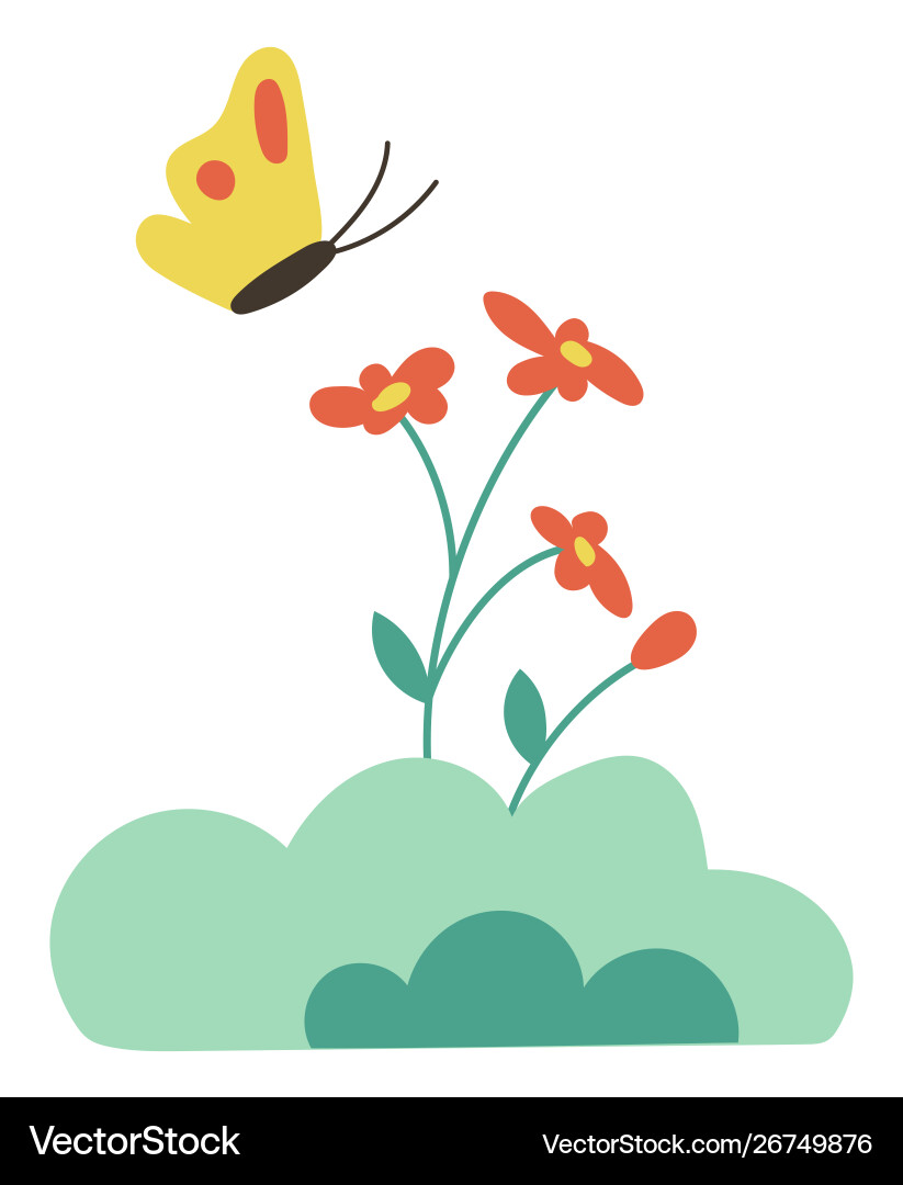 Butterfly on flowers isolated cartoon bud Vector Image