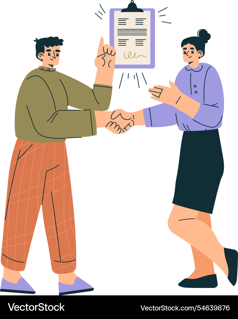 Man and woman character shaking hands after Vector Image