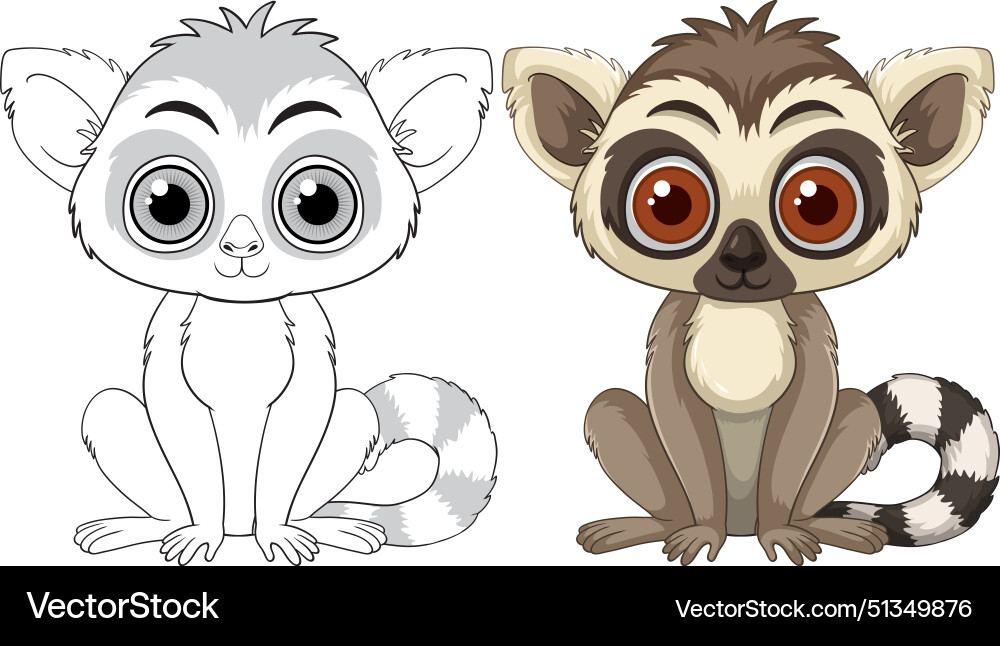 Two adorable lemurs one colored outlined Vector Image