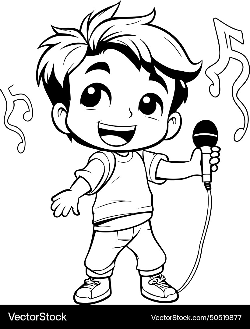 Boy singing with microphone - black and white Vector Image