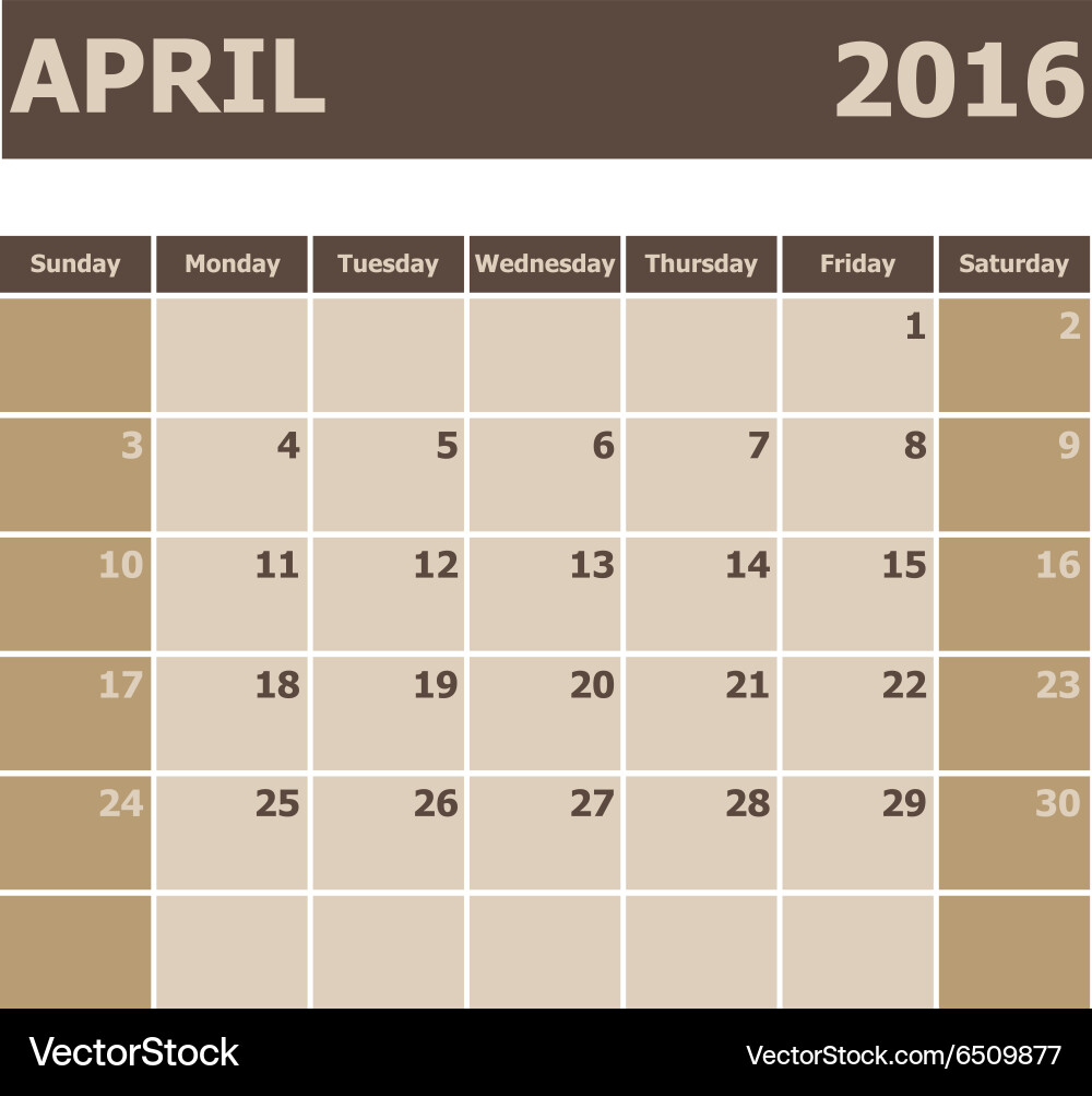 Calendar april 2016 week starts from sunday Vector Image