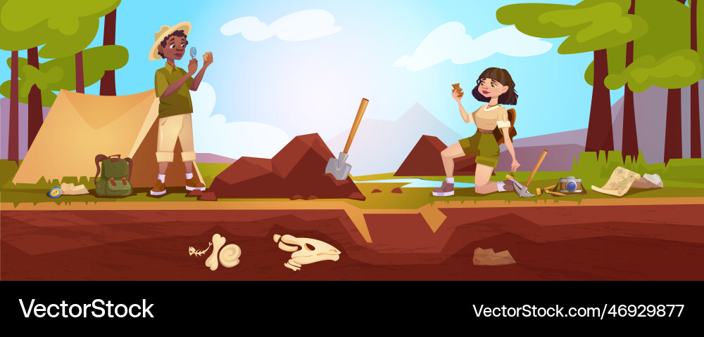 Cartoon archaeologists exploring artifacts Vector Image