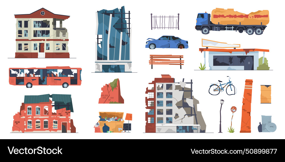 Damaged city objects collapsing urban buildings Vector Image