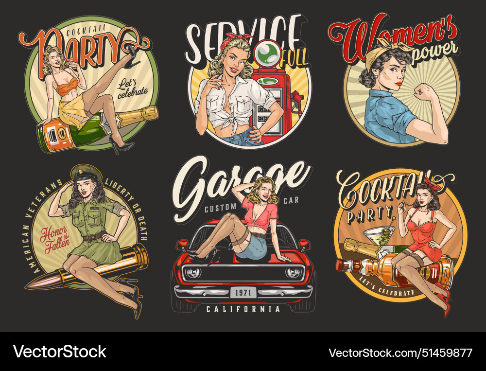Pinup girls set posters colorful Royalty Free Vector Image