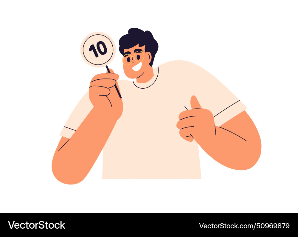 Happy man holding 10 points rating number card Vector Image