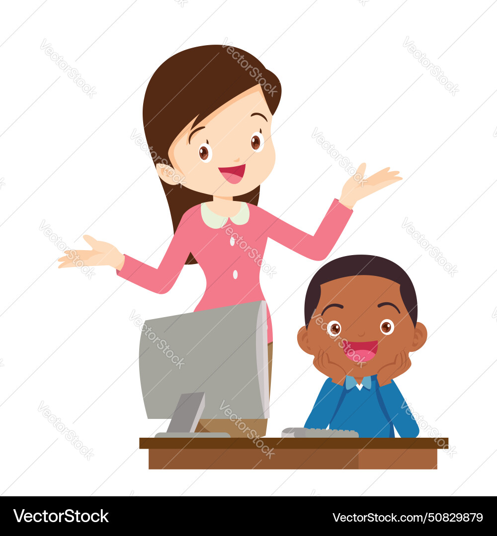 Happy teacher and student learning computer Vector Image
