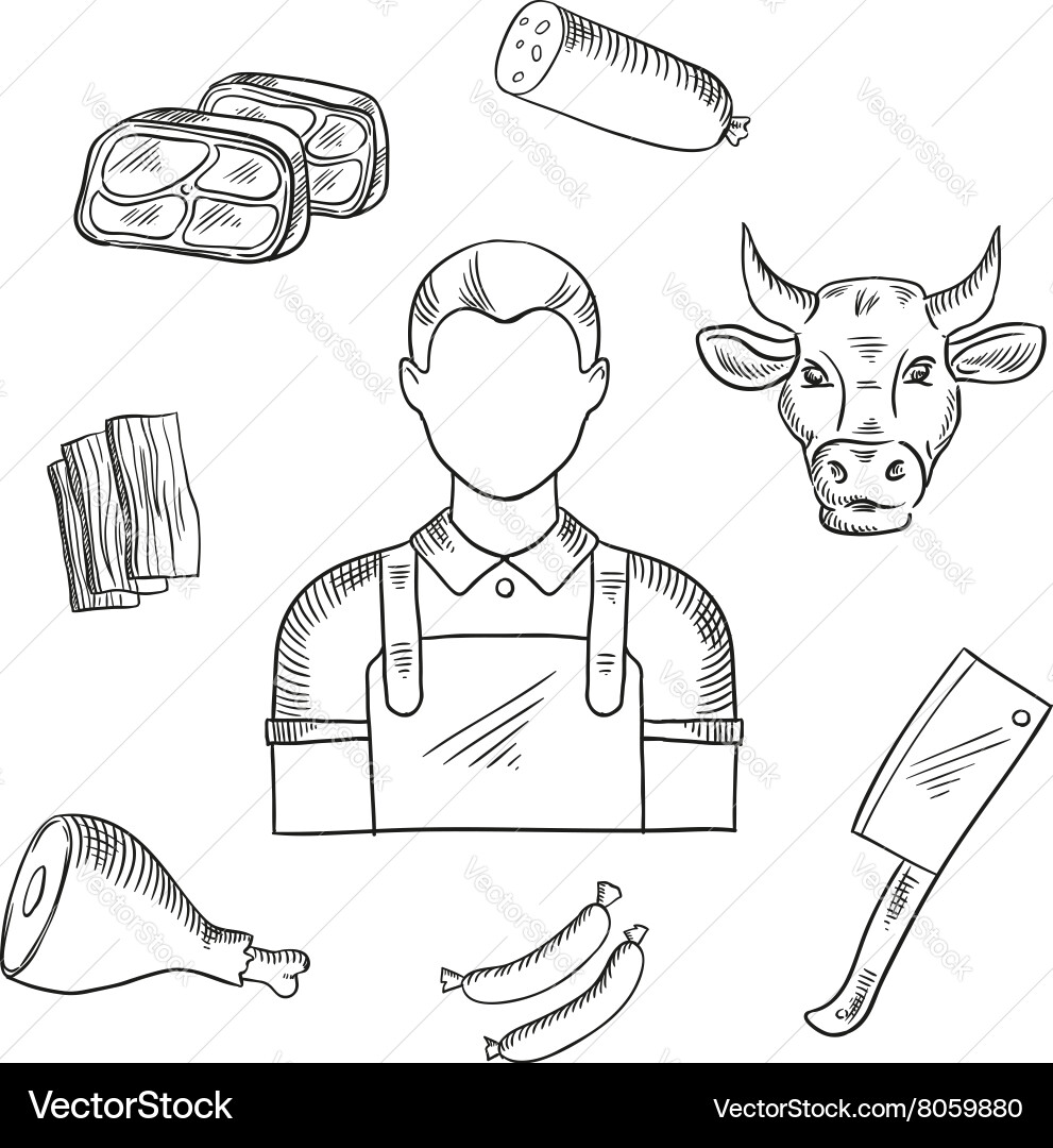 Butcher profession and meat icons Royalty Free Vector Image