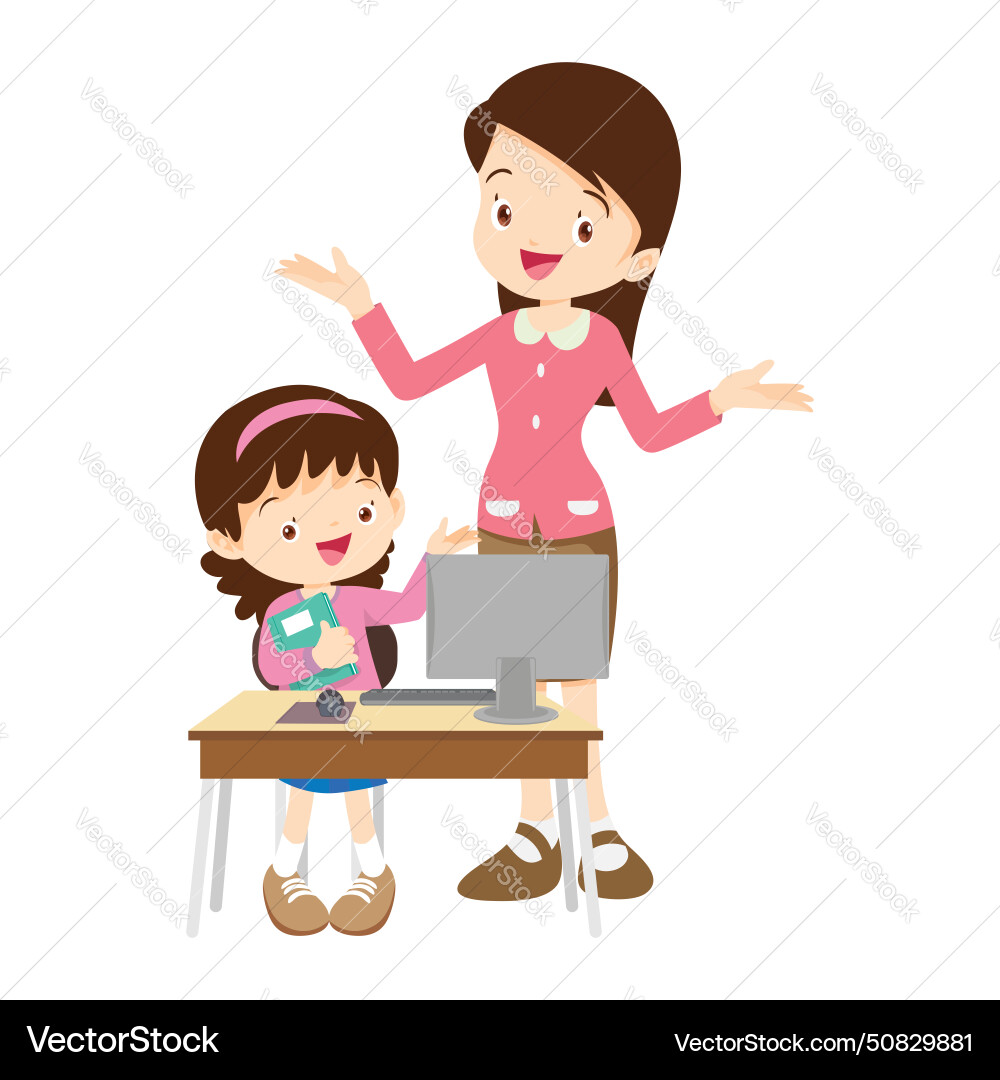 Happy teacher and student learning computer Vector Image