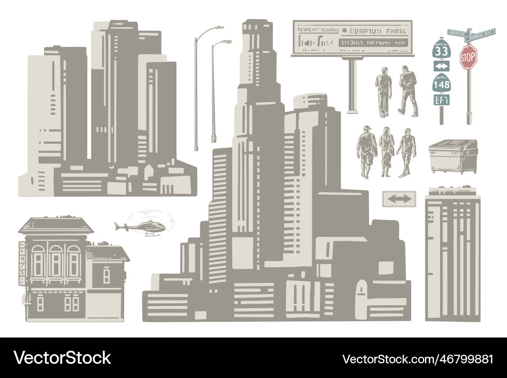 Modern city set elements monochrome Royalty Free Vector