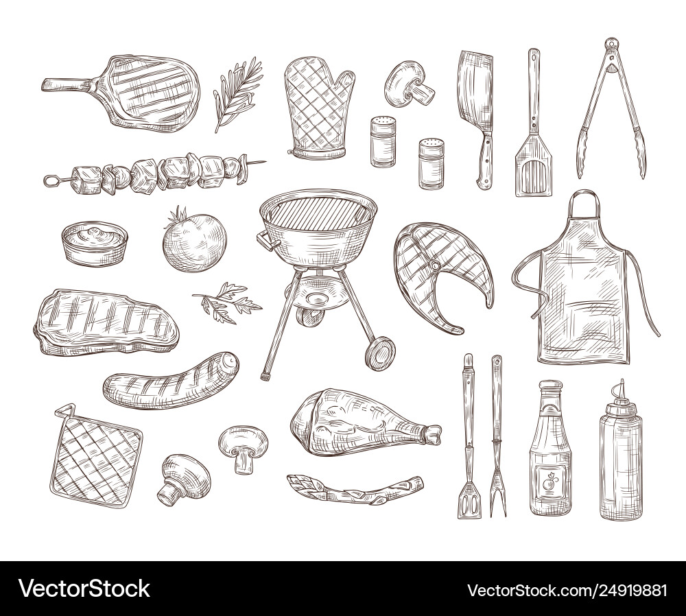 Sketch bbq barbecue doodle drawing grill chicken Vector Image