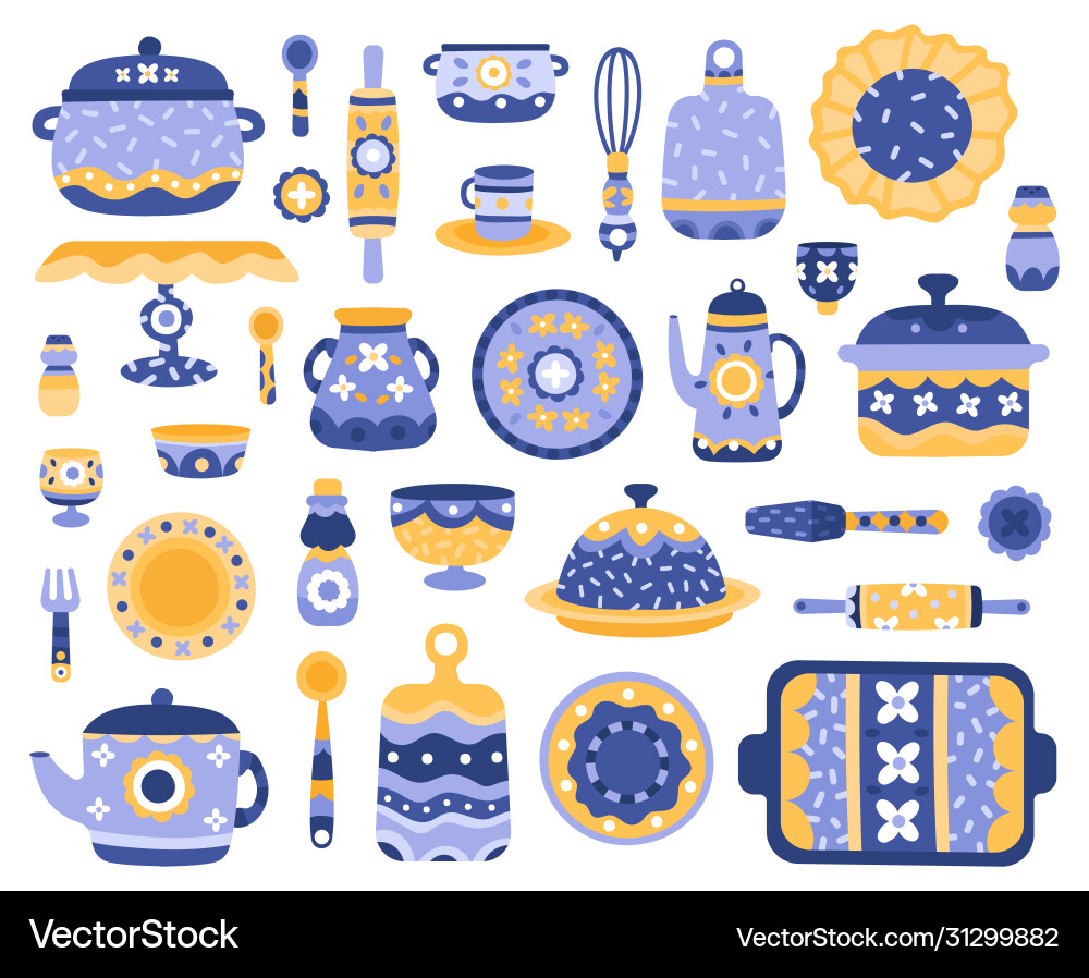 Cartoon ceramic crockery kitchen cookware Vector Image
