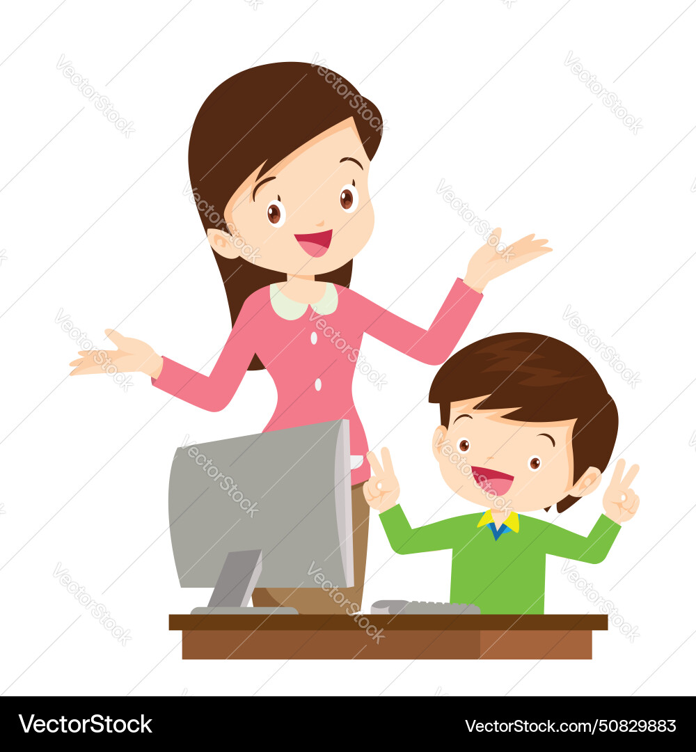 Happy teacher and student learning computer Vector Image