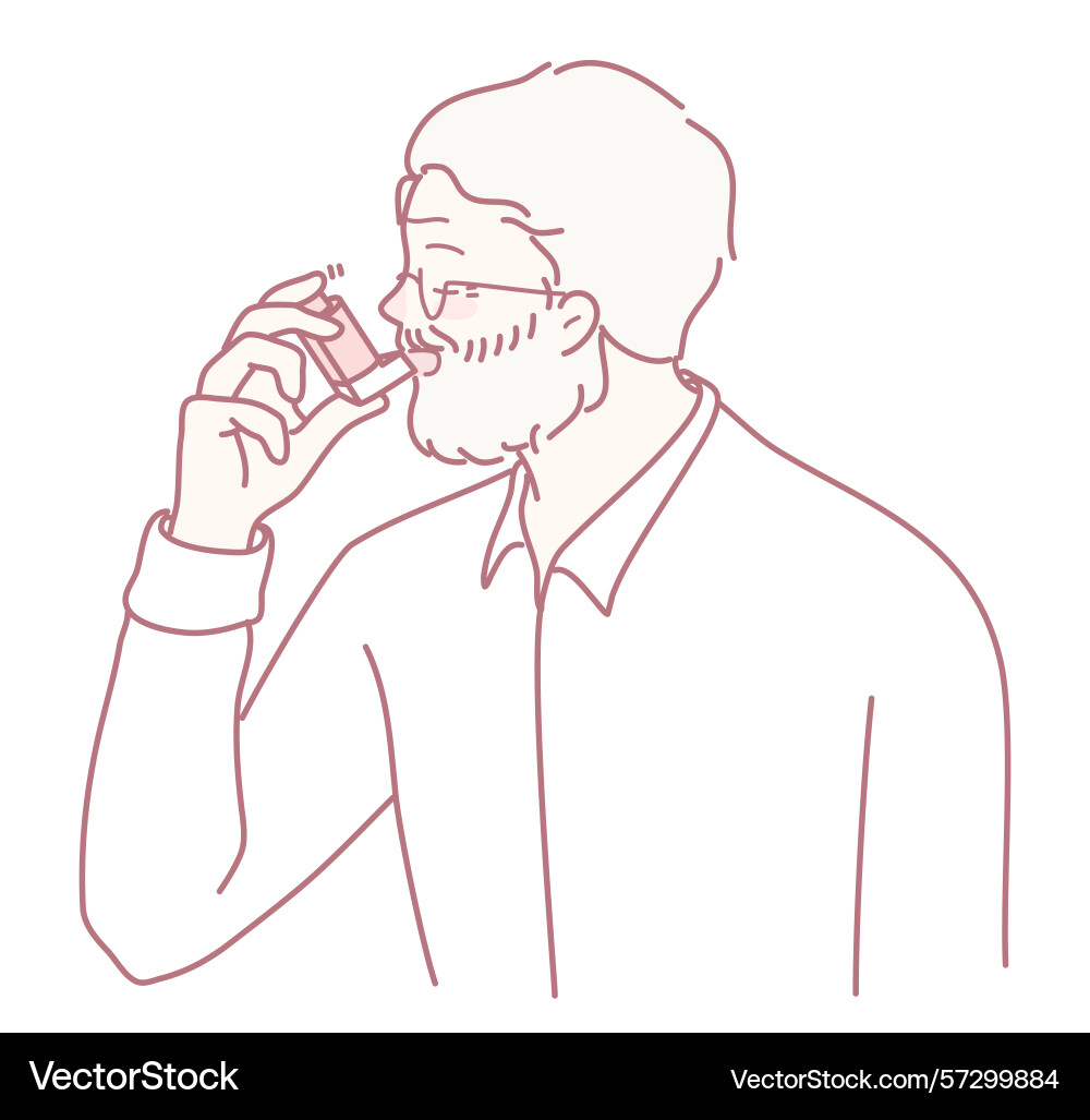 A man using an inhaler for relief from asthma Vector Image