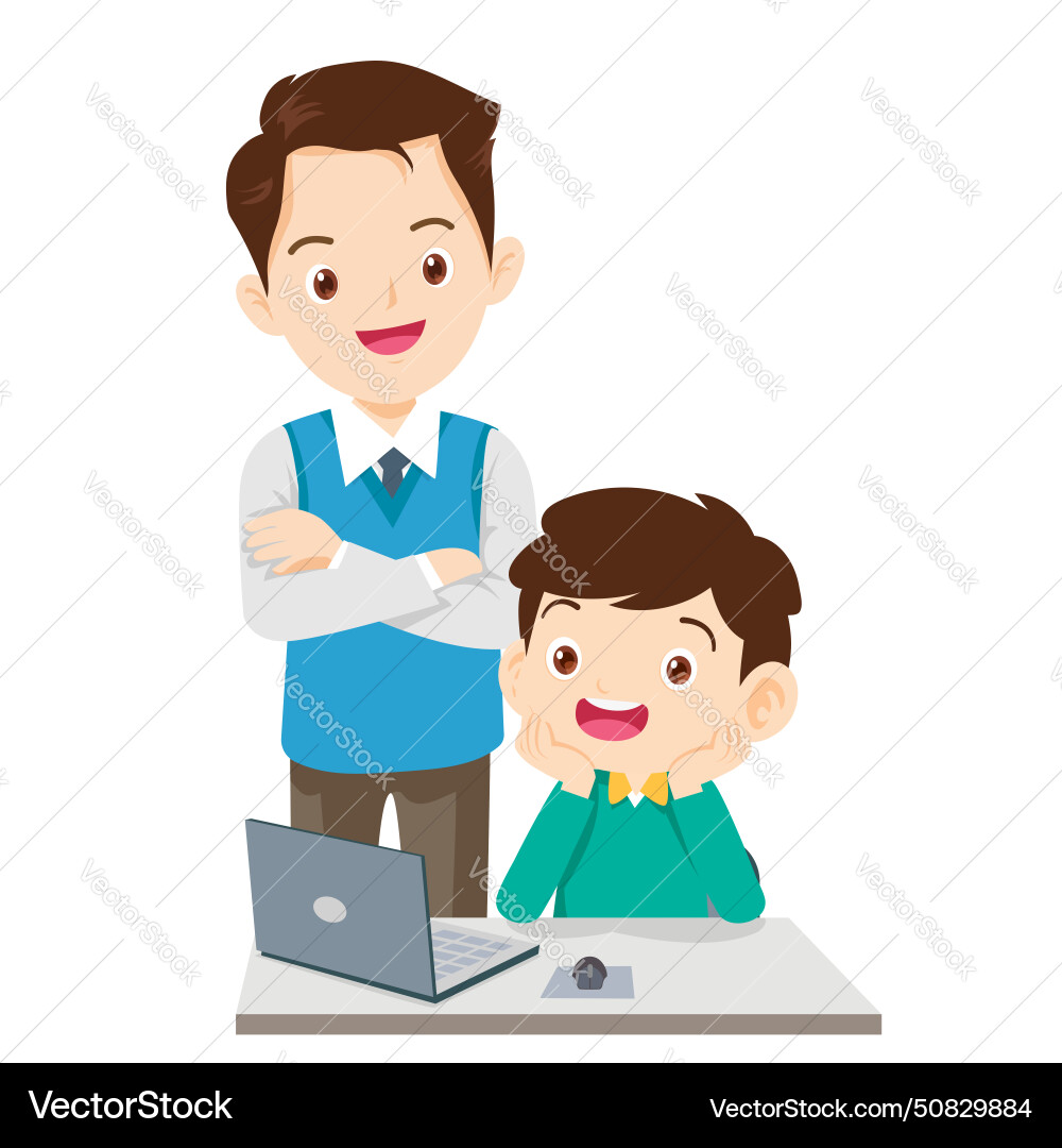 Happy teacher and student learning computer Vector Image