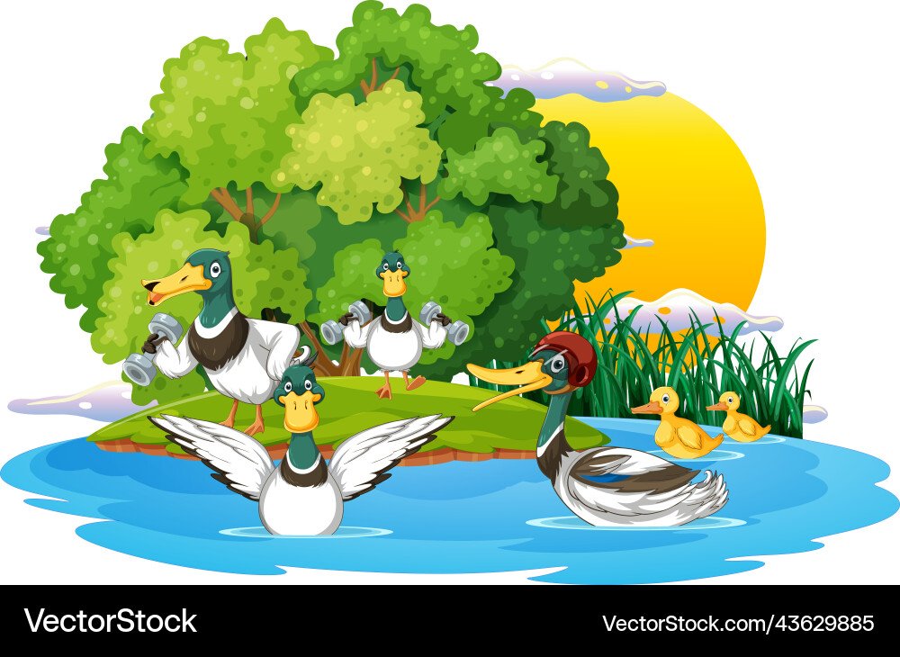 Happy duck group in nature scene Royalty Free Vector Image