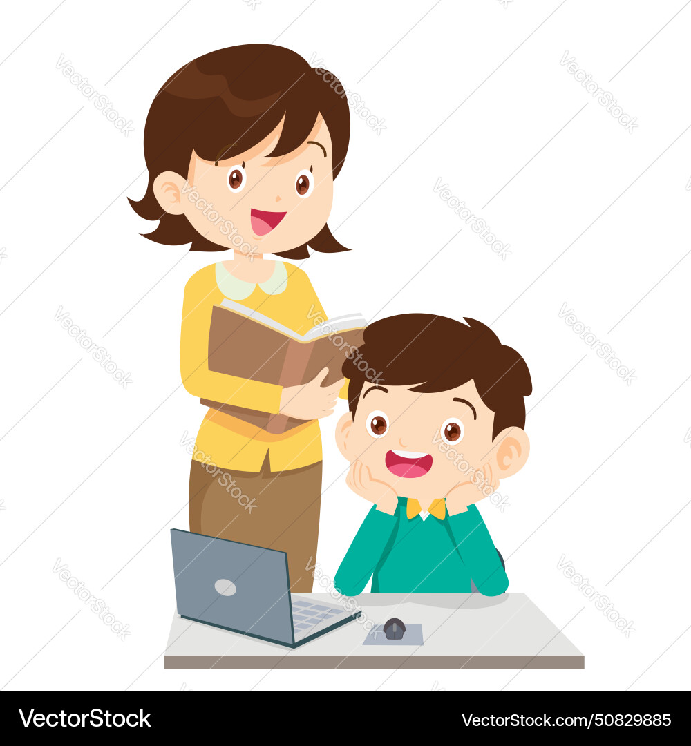 Happy teacher and student learning computer Vector Image