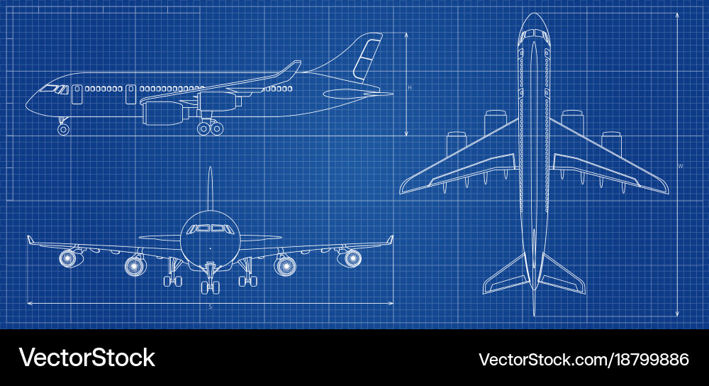 Airplane blueprint outline aircraft on blue Vector Image