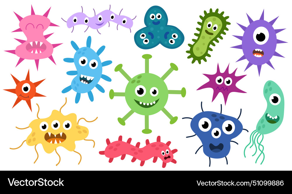 Cute cartoon virus bacteria microbe germs set Vector Image