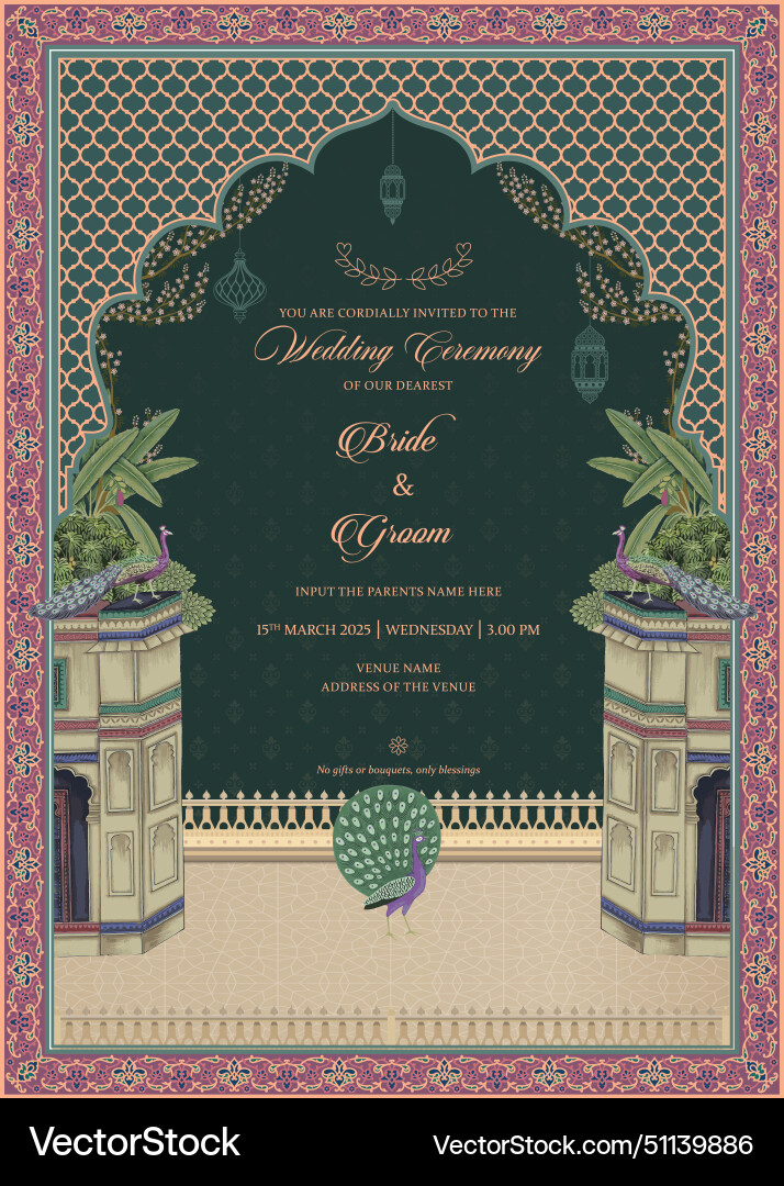 Traditional mughal wedding invitation card design Vector Image